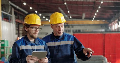 안전모를 쓴 성숙한 감독이 태블릿을 들고 젊은 전문가에게 제조 장비를 보여주며 자신의 작업을 설명합니다 사진 Unsplash의 매니저 이미지