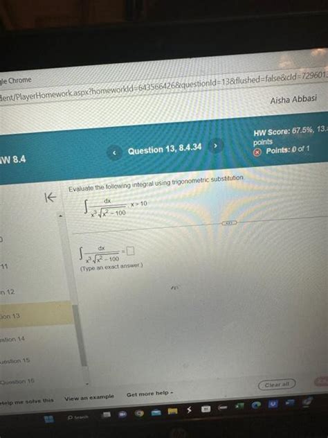Solved Evaluate The Following Integrai Using Trigonometr