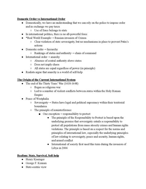 Realist Framework Notes Lecture Notes International Relations Docsity