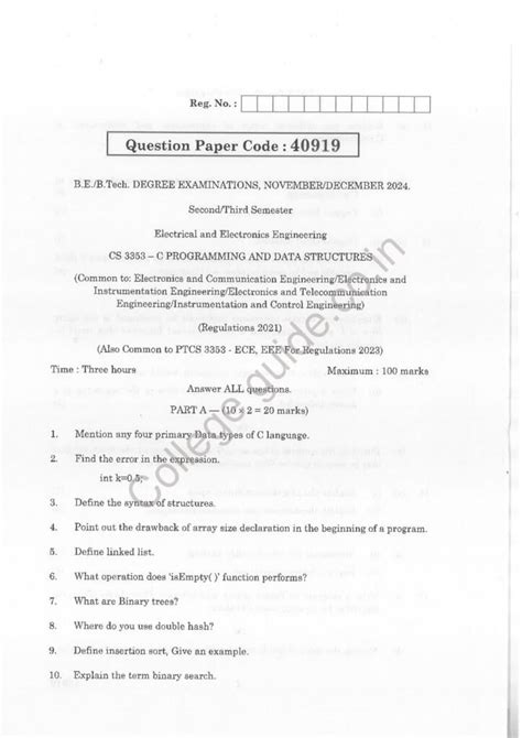C Programming And Data Structures R2021 Anna University Question Paper Novemberdecember 2024