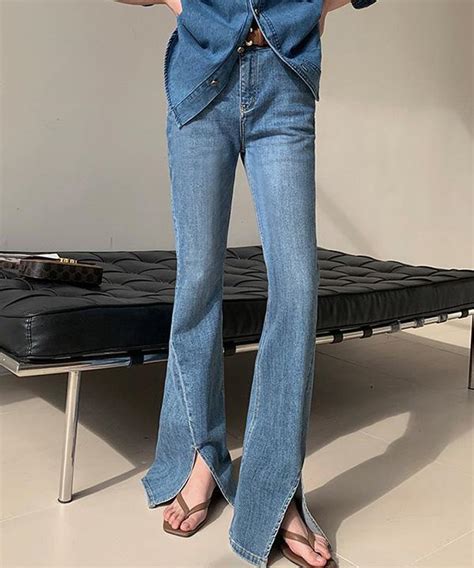 당일배송 로비 캐주얼 밑단트임 데일리 심플 부츠컷 데님팬츠 블루