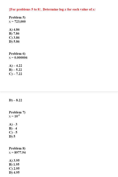 solved {for problems 5 to 8} determine logx for each value