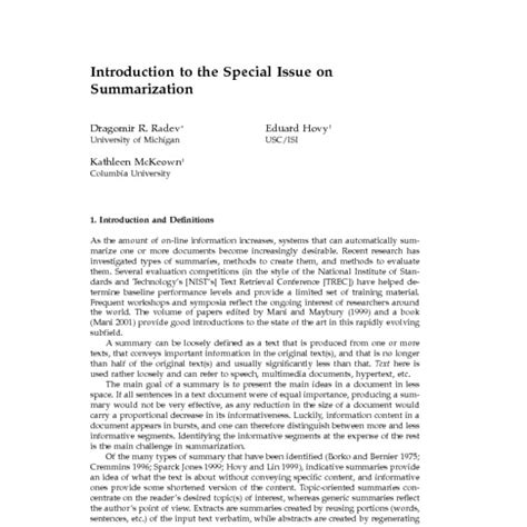Introduction To The Special Issue On Summarization Acl Anthology