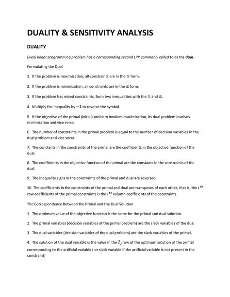 Duality And Sensitivity Analysis Management Research Duality