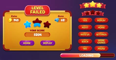 Premium Vector Level Failed Menu Pop Up Screen With Stars Buttons