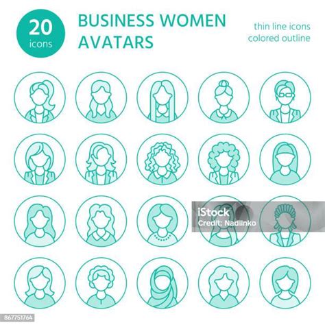 사람들이 선 아이콘 비즈니스 여자 아바타 여성 전문직 사무 관리자 교사 학생의 기호를 설명 합니다 젊은 여자 얇은 선형 표시 비즈니스에 대한 스톡 벡터 아트 및 기타 이미지