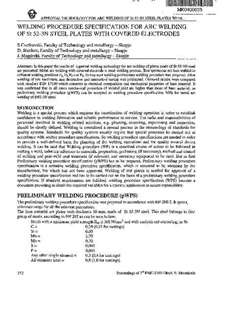 Pdf Welding Procedure Specification For Arc Welding Of St 52 3n Steel