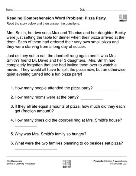 reading comprehension word problem pizza party homeschool books