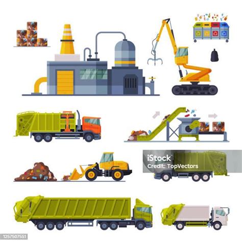 산업용 쓰레기 재활용 세트 폐기물 처리 공장 쓰레기 트럭 쓰레기 수거 운송 분리 및 재활용 평면 벡터 일러스트 콤팩타에 대한 스톡 벡터 아트 및 기타 이미지 Istock
