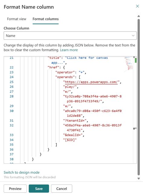 sharepoint online json column formatting link to power apps