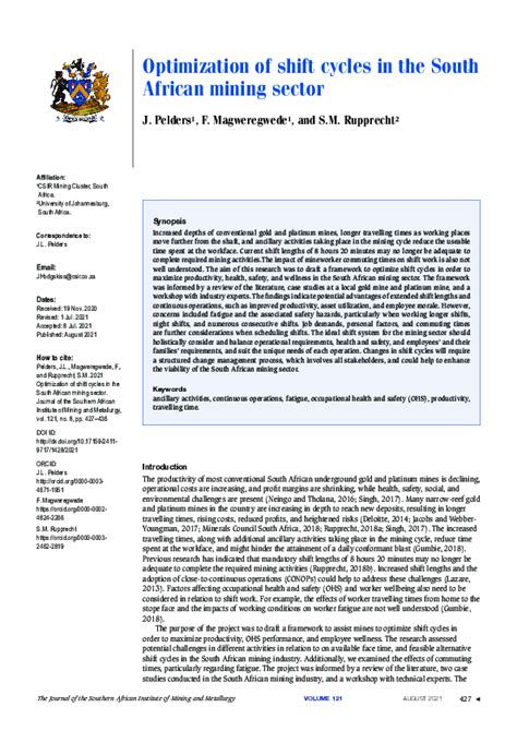 Pdf Optimization Of Shift Cycles In The South African Mining Sector