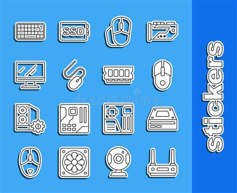 Set Line Router And Wi Fi Signal Optical Disc Drive Computer Mouse Monitor Screen Keyboard