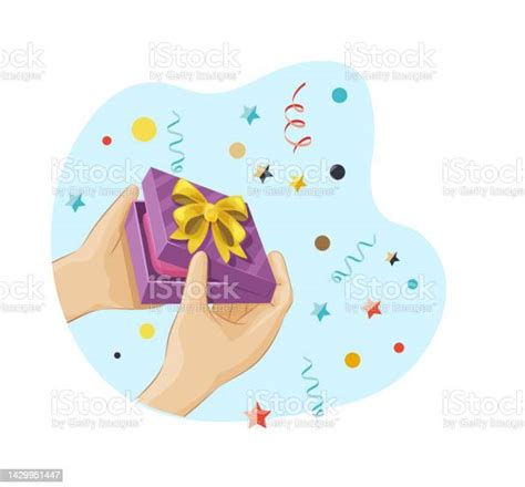 활이있는 작은 보라색 선물 상자를 여는 인간의 손 크리스마스 생일 기념일 및 기타 경우에 선물 상자를 수령하는 사람 기념일에 대한 스톡 벡터 아트 및 기타 이미지 Istock