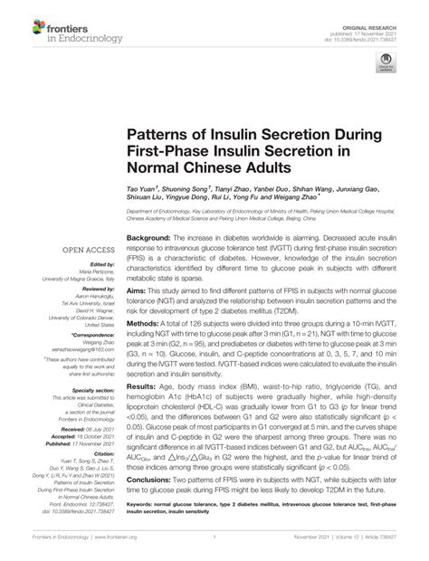 Pdf Patterns Of Insulin Secretion During First Phase Insulin Secretion In Normal Chinese Adults