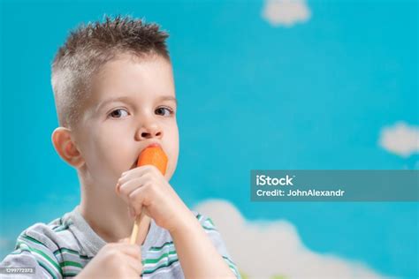 아이는 막대기에 신선한 당근을 먹는다 푸른 배경에 야채를 Gnaws 소년 건강한 생활방식에 대한 스톡 사진 및 기타 이미지 건강한 생활방식 건강한 식생활 귀여운