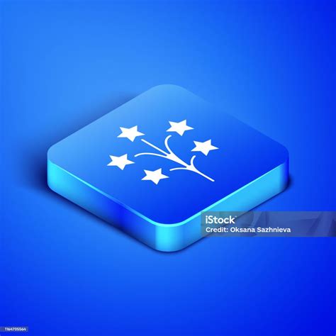 파란색 배경에 격리된 등각 투영 불꽃놀이 아이콘입니다 재미있는 파티의 개념 폭발성 불꽃 기호입니다 파란색 사각형 버튼입니다 벡터 일러스트레이션 경례에 대한 스톡 벡터 아트