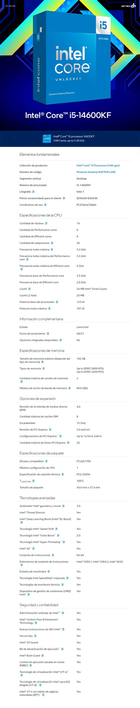 Procesador Intel Core I5 14600kf Core I5 14th Gen 14 Core 6p 8e
