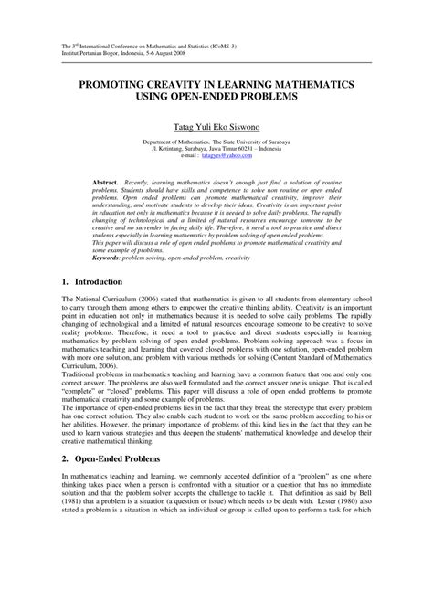 Pdf Promoting Creavity In Learning Mathematics Using Open Ended Problems