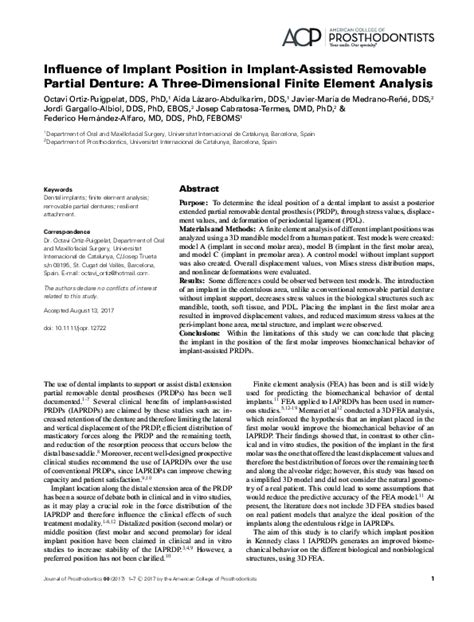 Pdf Influence Of Implant Position In Implant Assisted Removable Partial Denture A Three