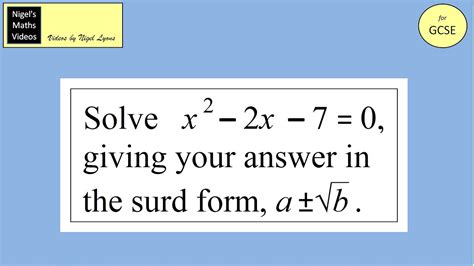 Solve Quadratic Equation Giving Answer In Surd Form Youtube