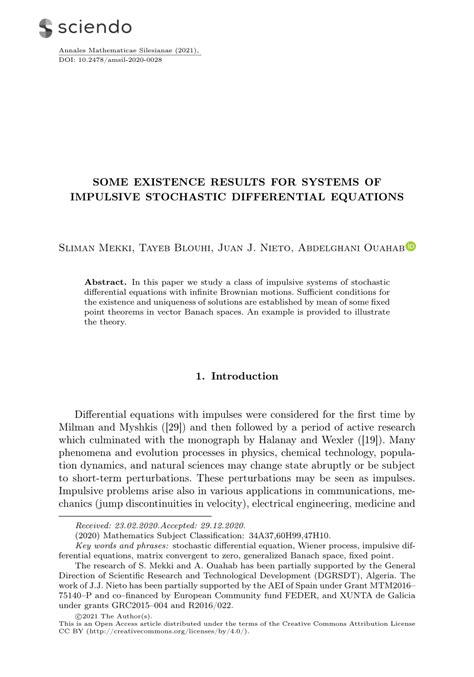 Pdf Some Existence Results For Systems Of Impulsive Stochastic Differential Equations