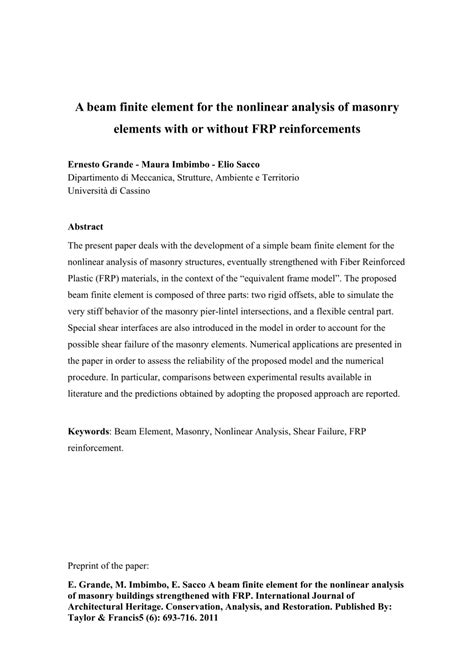 Pdf A Beam Finite Element For Nonlinear Analysis Of Masonry Elements