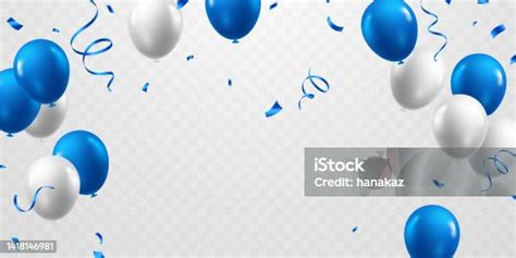 축제 장식 벡터 일러스트레이션을위한 색종이가있는 파란색과 흰색 풍선으로 축하하십시오 풍선에 대한 스톡 벡터 아트 및 기타 이미지 풍선 파란색 색종이 조각 Istock