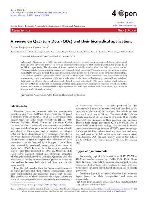 PDF A Review On Quantum Dots QDs And Their Biomedical Applications