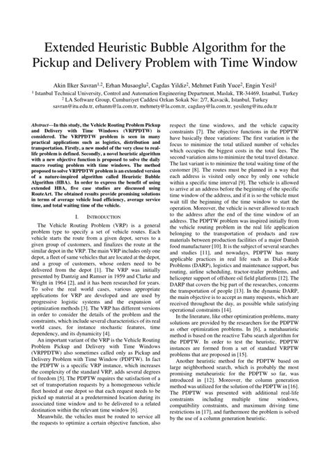 Pdf Extended Heuristic Bubble Algorithm For The Pickup And Delivery Problem With Time Window