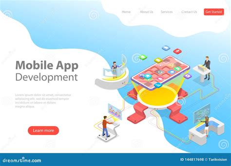 flat isometric vector landing page template of mobile app development