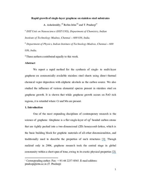 Pdf Single And Few Layer Graphene Growth On Stainless Steel Substrates By Direct Thermal