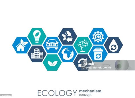 생태 메커니즘 개념입니다 연결 된 기어와 환경 친화적인 에너지 환경 녹색 재활용 바이오 및 글로벌 개념에 대 한 아이콘 추상적인 배경 벡터 Infographic 그림입니다