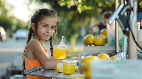 Premium Photo A Young Girl Is Standing Behind A Lemonade Stand She