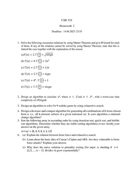 Cse 521 Hw2 Solve The Following Recurrence Relations By Using Master
