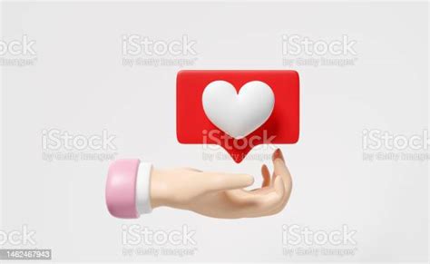 흰색 배경에 격리 된 알림과 같은 소셜 미디어가있는 하트 아이콘처럼 손을 잡고 있습니다건강 사랑 또는 세계 심장의 날 발렌타인 데이 개념 3d 그림 3d 렌더링 3차원