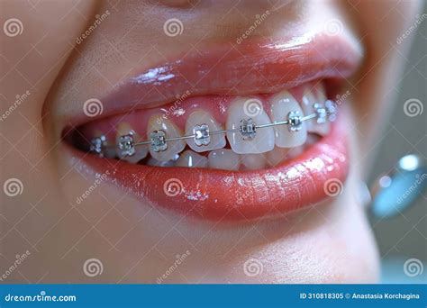 Metal Braces On The Teeth Of A Teenager In Close Up Orthodontic Treatment Stock Image Image