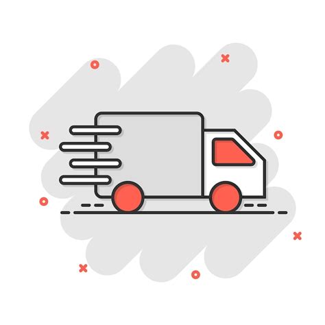 만화 스타일의 배달 트럭 기호 아이콘 격리 된 흰색 배경에 반 벡터 만화 그림 화물 자동차 비즈니스 개념 스플래시 효과 프리미엄 벡터