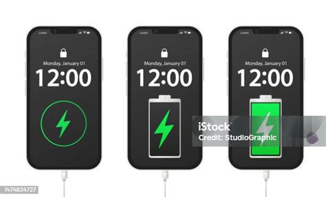 충전 디자인이 다른 스마트 폰 세트 전체 중간 및 배터리 부족 표시기가있는 휴대폰 화면 축전지 전기 기호 충전 와이어 벡터 그림