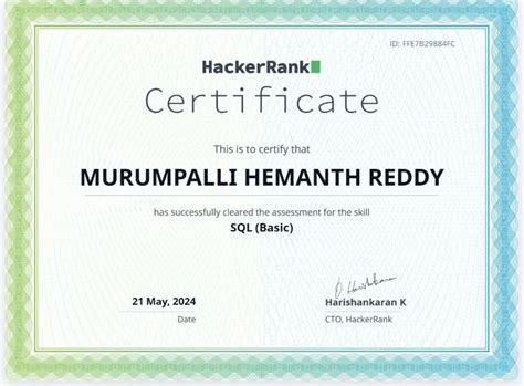 completed hackerrank sql certificate murumpalli hemanth reddy posted