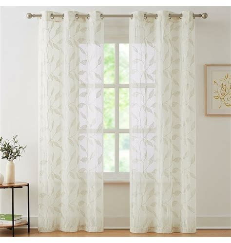 Bujasso 천연 리넨 잎 시어 커튼 2134cm84인치 자수 플로럴 팜하우스 조명 필터링 창문 패널 티몬