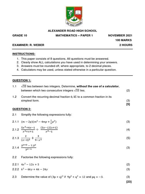 Grade 10 Paper 1 Final Revised Pdf Cartesian Coordinate System Function Mathematics