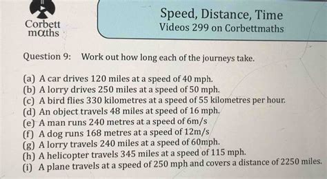 Solved Speed Distance Time Corbett Videos 299 On Corbettmaths Mαths Question 9 Work Out How