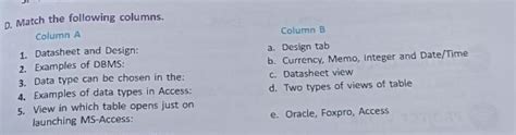 D Match The Following Columns Column AColumn B1 Datasheet And Desig
