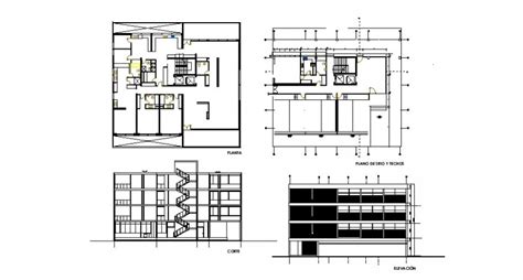 Residential Housing Structure 2d View Elevation And Plan Layout Dwg