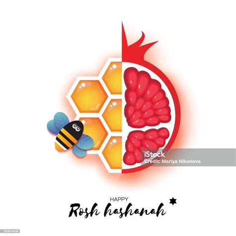 레드 잘 익은 석류와 골드 벌집 유대인 새 해 로 쉬 하시 나 아 인사말 카드 종이 잘라 스타일에 종이 접기 꿀 꿀벌 히브리어로