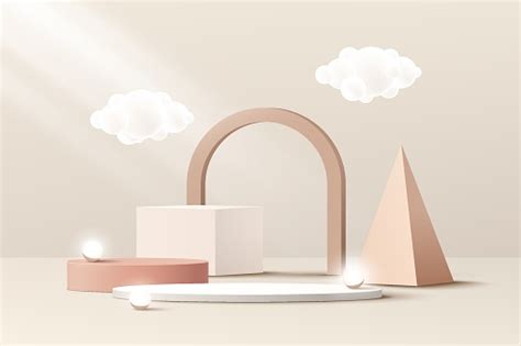 추상적 인 사실적 3d 화이트 크림과 베이지 색 단계 실린더 받침대 연단 세트 파스텔 최소 벽 장면 화장품 디스플레이 프리젠 테이션 벡터 기하학적 렌더링 플랫폼 설계 0명에