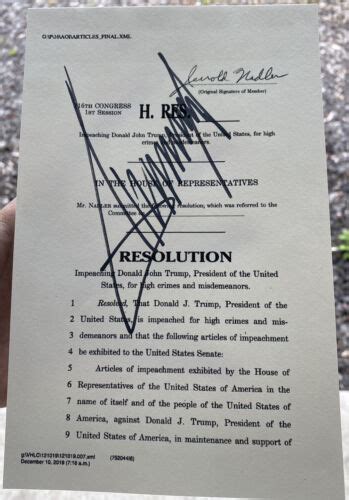 donald trump signed articles impeachment large autograph president