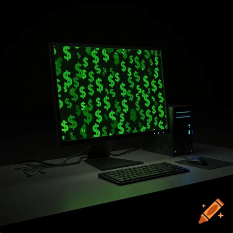 A Desktop Computer Setup In A Dark Room With The Monitor Screen Displaying A Pattern Of Green