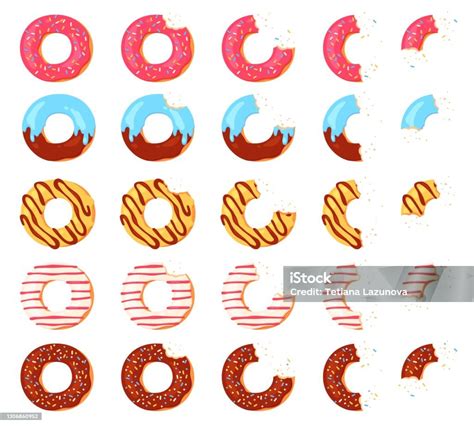 도넛을 먹었습니다 물린 초콜릿 도넛 핑크 아이싱과 뿌려 톱 뷰 부스러기 벡터 세트와 유리 도넛을 먹는 애니메이션 단계 구멍에 대한 스톡 벡터 아트 및 기타 이미지 Istock