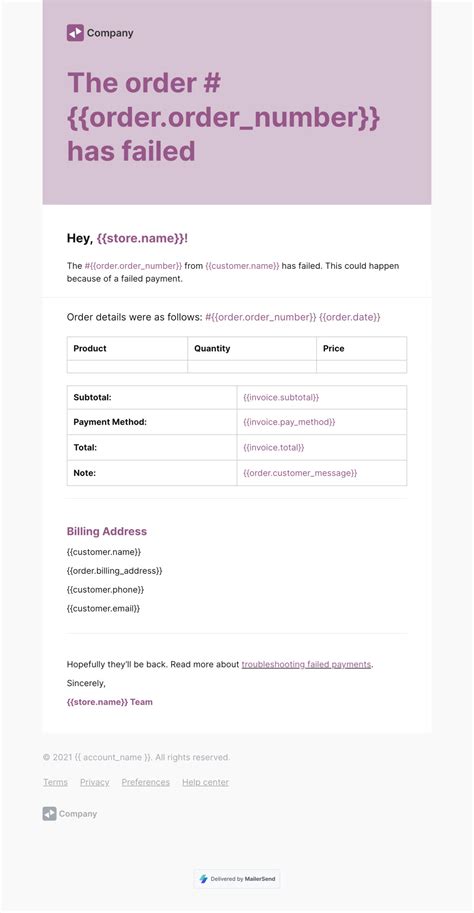 Failed Payment Email Template For Woocommerce Mailersend